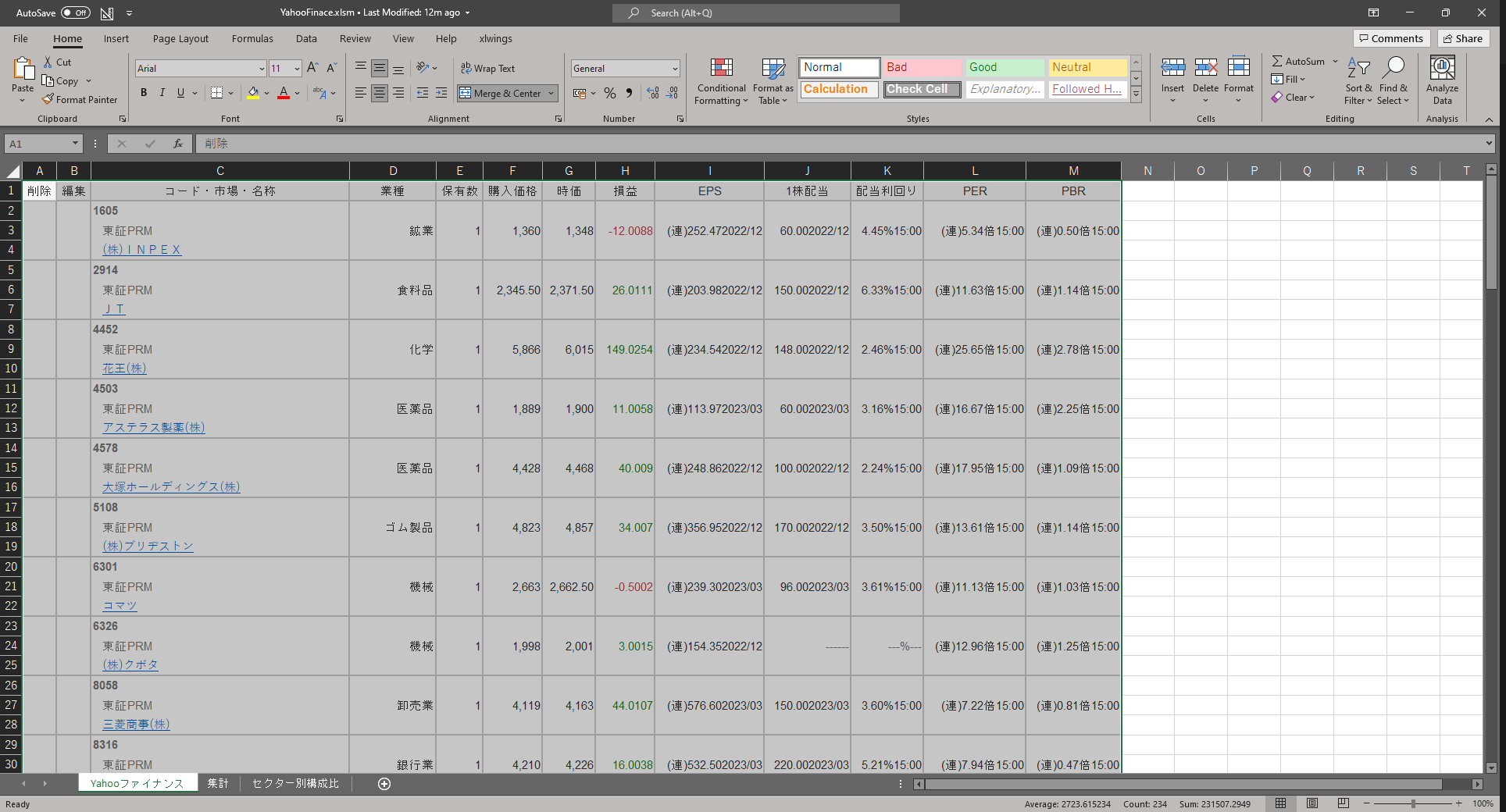 Yahooファイナンスのポートフォリオをエクセルに出力するためのマクロ | mtk_birdman's blog